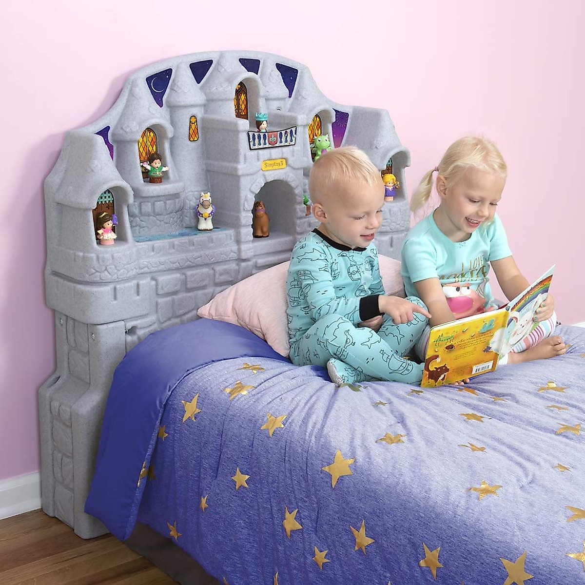 Simplay3 Imagination Castle Headboard, Twin Size Plastic Castle Bed headboard for Toddlers, Kids and Girls with Princess Toy Play Storage Area, Gray & Pink, Made in USA
