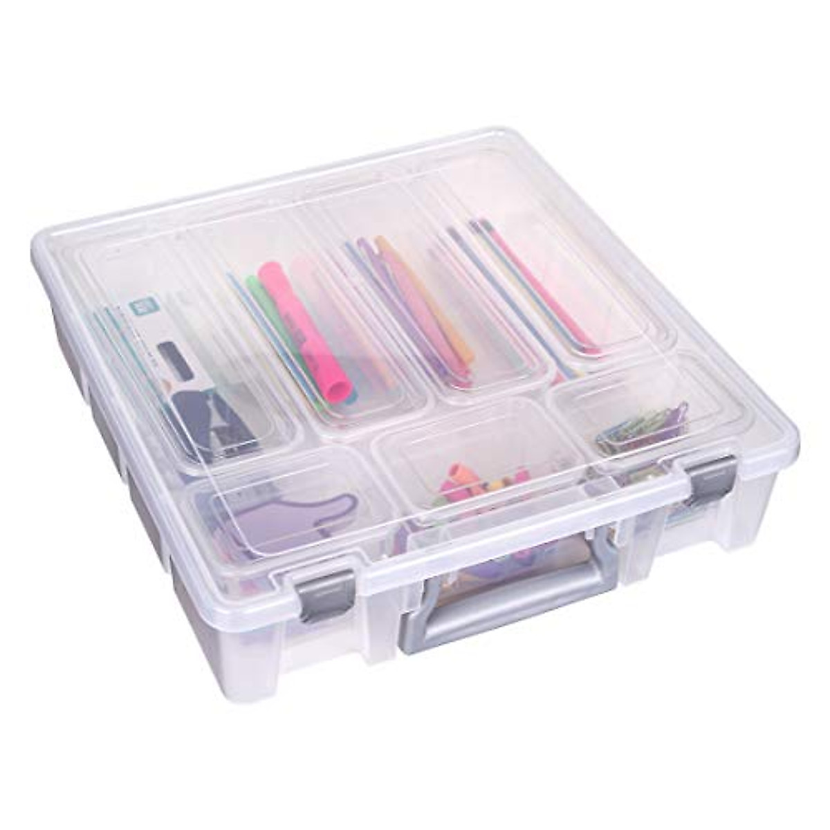 AB Designs 6967ABD Super Satchel with 9 Mixed Bins Inside Stackable Home Storage Organization Container, Clear with Sliver Latches and Handle, w/Long