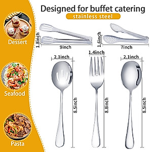 8 Pieces Stainless Steel Flatware Serving Utensils, Include 2 Serving Spoons, 2 Slotted Spoons, 2 Tongs and 2 Forks for Party Buffet Banquet Kitchen