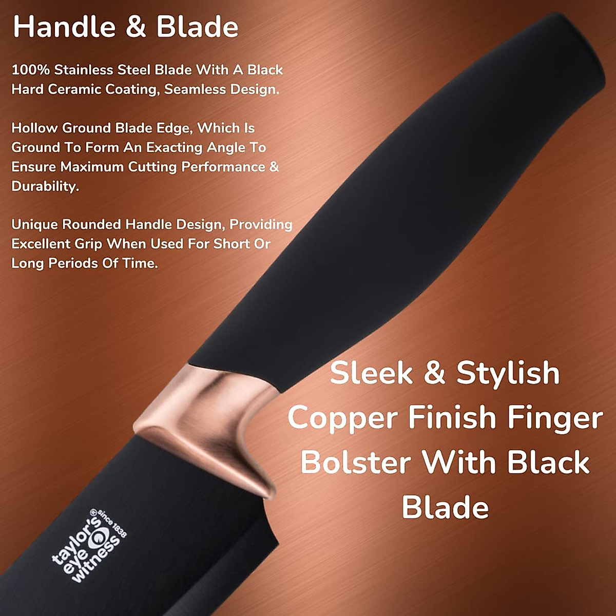 Taylors Eye Witness 5pc Kitchen Knife Gift Set - Brooklyn Copper Colored Bolsters, Matching Razor Sharp Titanium Coated Blades. Soft Grip Handles. 2yr Peace of Mind. Extra Sharpener for Knives