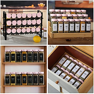GMAMXD 24 Glass Spice Jars with Labels,Spice Jar Set,4oz Seasoning Containers,Spice Containers with Pink Airtight Lids and Shaker Lids,Square Empty Spice Bottles, 492 Labels,2 Marker Pens,1 Funnel
