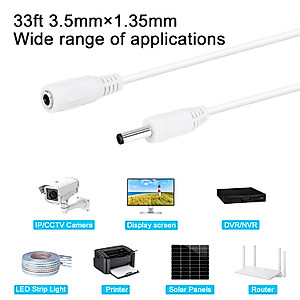WILDHD DC Power Extension Cable 33ft 1.35mm x 3.5mm Compatible with 5V DC Adapter Cord for CCTV Security Camera IP Camera Standalone DVR (33ft DC3.5mm Plug White)