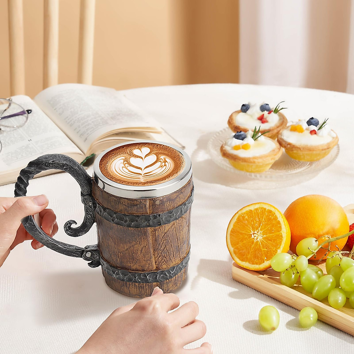 Kndatle Handmade Wooden Barrel Beer Mug, Bucket Shaped Drinkware with Handle, Stainless Steel Double Wall Cocktail Mug for Bar Restaurant, Vintage Bar Accessories (18 oz)