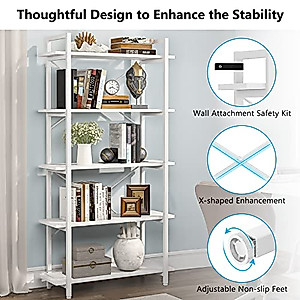 Tribesigns 5 Tier White Bookshelf, Modern Etagere Bookcase with Metal Frame, Tall Book Shelf Unit for Living Room, Study, Home Office (1, White)