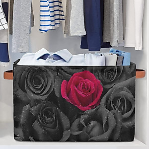AUUXVA Storage Basket Cube Black and Red Rose Flower Large Collapsible Storage Baskets Bins with Handles Laundry Organizer for Closet Shelves Nursery Bathroom Pantry, 1 Pack