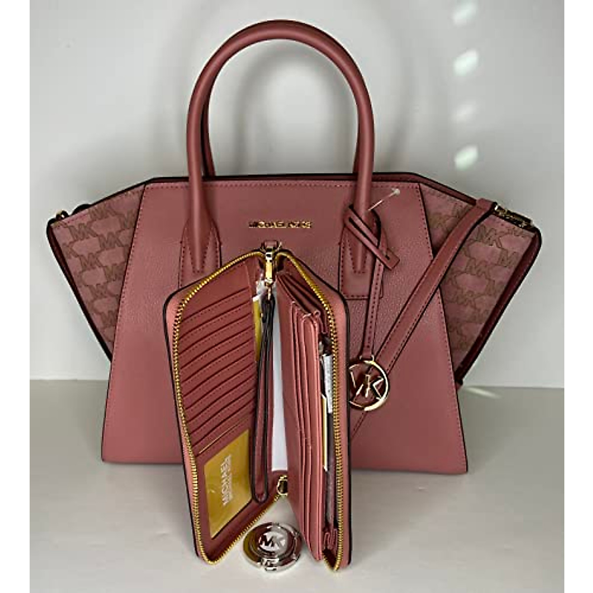 Michael Kors Avril Large Top-Zip Satchel bundled with Large Continental Wristlet Purse Hook (Rose)