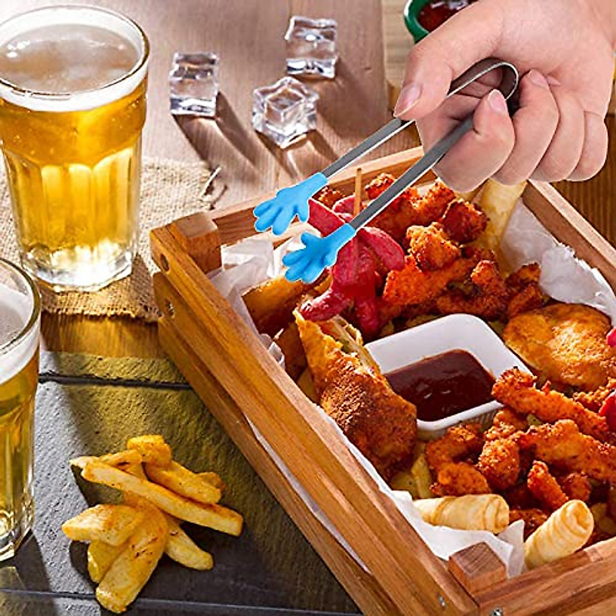 YUSDEE Kitchen Cooking Tongs 7.1inch Mini Stainless Steel clamp With Hand-Shaped Silicone Head Used For Home Cooking Wil Garden Barbecue Grilling Locking Food Tongs (Light Blue)