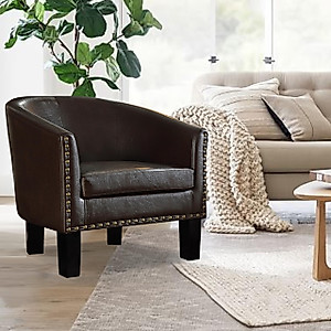 Rosevera Kirkham, Nailhead, Bedroom Accent, Sturdy Reading, Faux Arm, 27" Barrel, Leather Club, Side Chairs for Living Room, Standard, Espresso