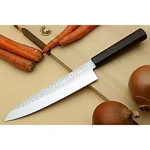 Yoshihiro Super Blue Steel Stainless Clad Hammered Gyuto Chefs Knife Rosewood Handle (8.25"(210mm) & Saya)