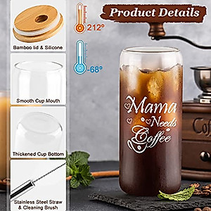 WAVEWISE Gifts for Mom from Daughter, Son, Kids - 20 Oz Drinking Can Glass Iced Coffee Cup with Lid and Straw - Mama Needs Coffee - Birthday Presents for Mom, Mother, Wife, New Mom, Mother In Law