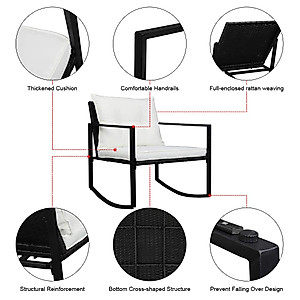 CIPACHO 3 Piece Wicker Patio Furniture Set, Patio Bistro Set with Glass Table & Cushions, Outdoor Rocking Chairs, Rattan Conversation Set for Backyard Porch Poolside Lawn, Black