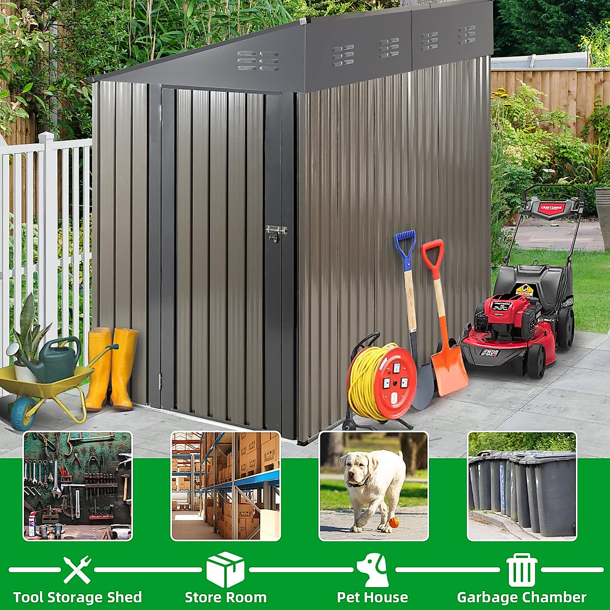 GRAVFORCE Metal Outdoor Storage Shed 4 x 8 FT, Steel Garden Shed with Lockable Door, Metal Sheds for Bike, Garbage Can, Tool, Lawnmower, Outside Sheds & Outdoor Storage for Backyard Patio
