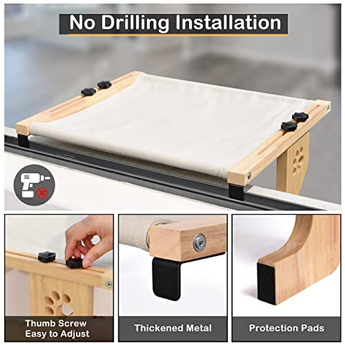 Doemtio Cat Window Perch Sturdy Solid Wood Cat Window Hommock for Large Cats Indoor Easy to Adjust Cat Window Bed Seat Shelf for Windowsill Bedside Cabinet and Drawer