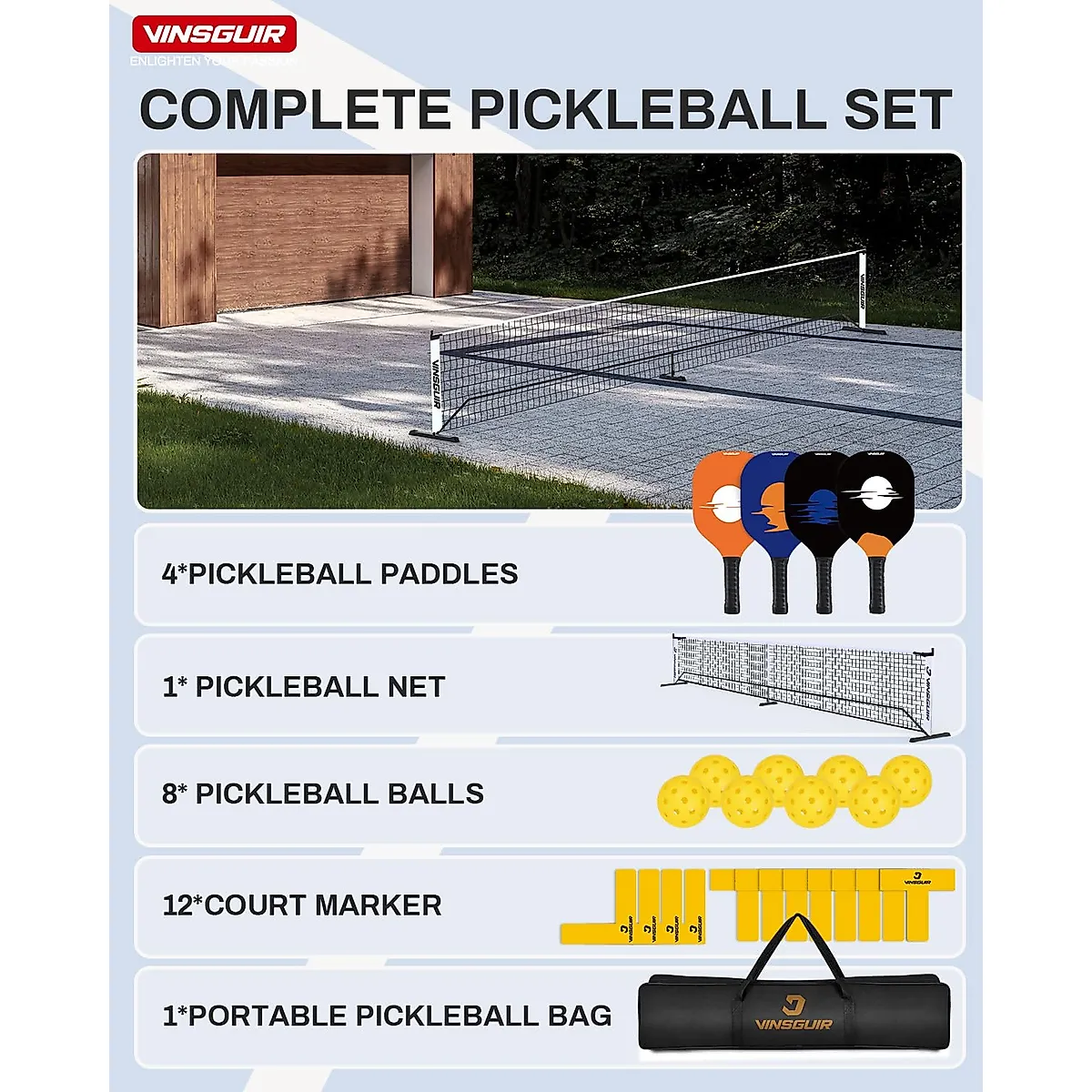 VINSGUIR Pickleball Net Set, Portable Pickleball Net with 4 Pickleball Paddles, 8 Pickleballs, 1 Carry Bag, 22 FT Regulation Size Pickleball Net Set for Beginners, Outdoor Indoor Driveway Home