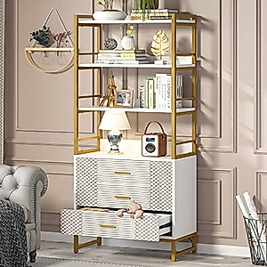 Tribesigns Gold White Bookshelf with 3 Drawers, Tall Ladder Shelf Bookcase with Storage, Modern Bookcases and Book Shelves 4 Shelf Organizer, Metal Wood Book Shelving Unit for Bedroom, Office