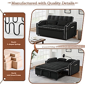 Pull Out Sofa Bed with Phone Holder, Convertible Velvet Loveseat Sleeper with 2 USB Charging Ports, Modern Futon Couch with Cup Holders and Adjustable Backrest, Small Love Seat for Living Room, Black