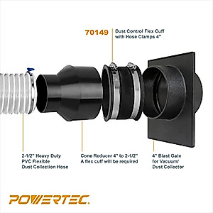POWERTEC 70149V 4 Inch Dust Control Flex Cuff with Steel Hose Clamps, Hose Connector Rubber Cuff Coupler for Woodworking Dust Collection Fittings, Dust Collector Accessories & Machinery, 1pk
