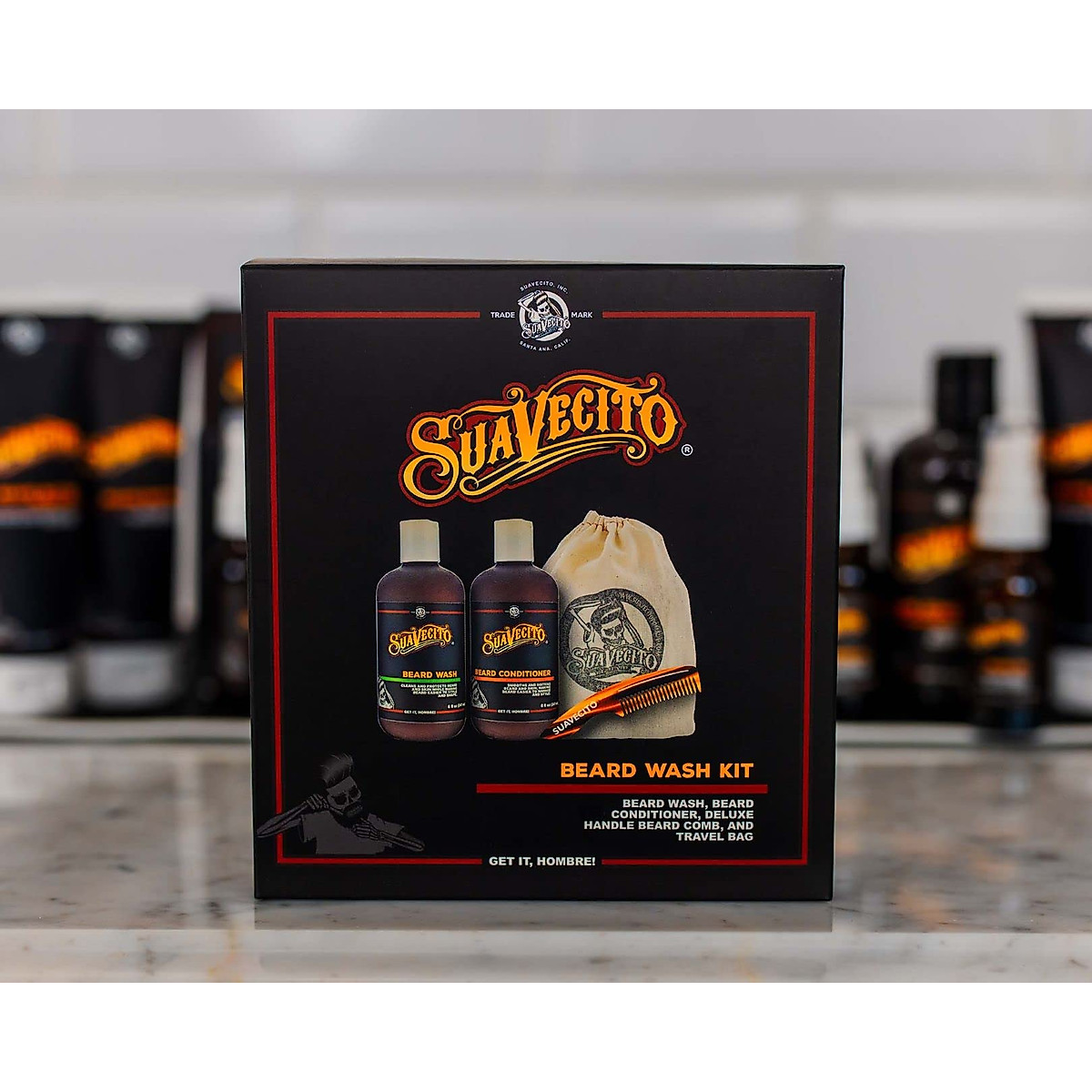 Suavecito Beard Wash Kit Men's Grooming & Cleansing Avocado Oil Shea Butter Olive Oil Nourishing Wash, Conditioner, Comb, Travel Bag