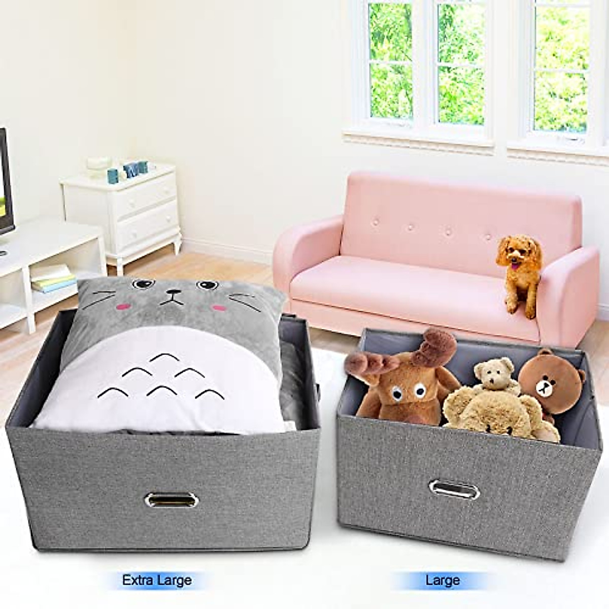 Valease 2-Pack Large Linen Foldable Storage Bins with Removable Lids and Handles, Washable Collapsible Storage Box Containers Baskets Cube with Cover for Bedroom,Closet,Office,Living Room,Nursery (Grey, Extra Large)