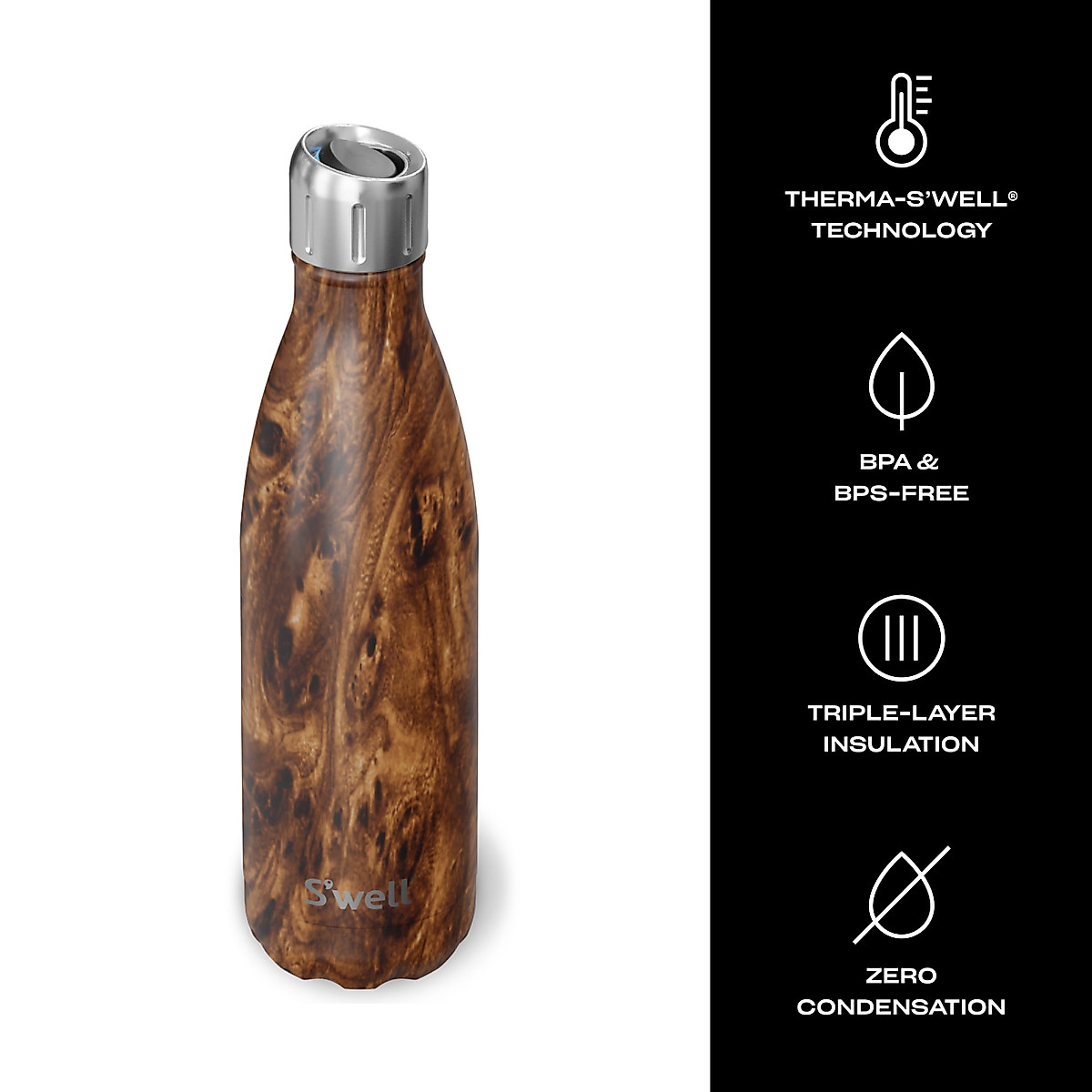 S'well Stainless Steel Water Bottle with Sports Cap, 17oz, Teakwood, Triple Layered Vacuum Insulated Containers Keeps Drinks Cold for 36 Hours and Hot for 10, BPA Free, Perfect for On the Go