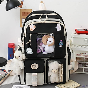 MQUN Kawaii Backpack 5 Pcs School Backpack Cute Aesthetic BackpackSet Aesthetic School Bags Cute Bookbag with Badge& Plush Pendan,Shoulder Bag,Pencil Box,Tote Bag,Small Bag