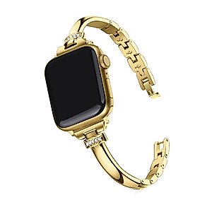Secbolt Bands Compatible with Apple Watch Band 38mm 40mm 41mm 42mm(Series 10) iWatch SE Series 10/9/8/7/6/5/4/3/2/1, Slim Dressy Metal Bracelets with Rhinestones for Women, Yellow Gold