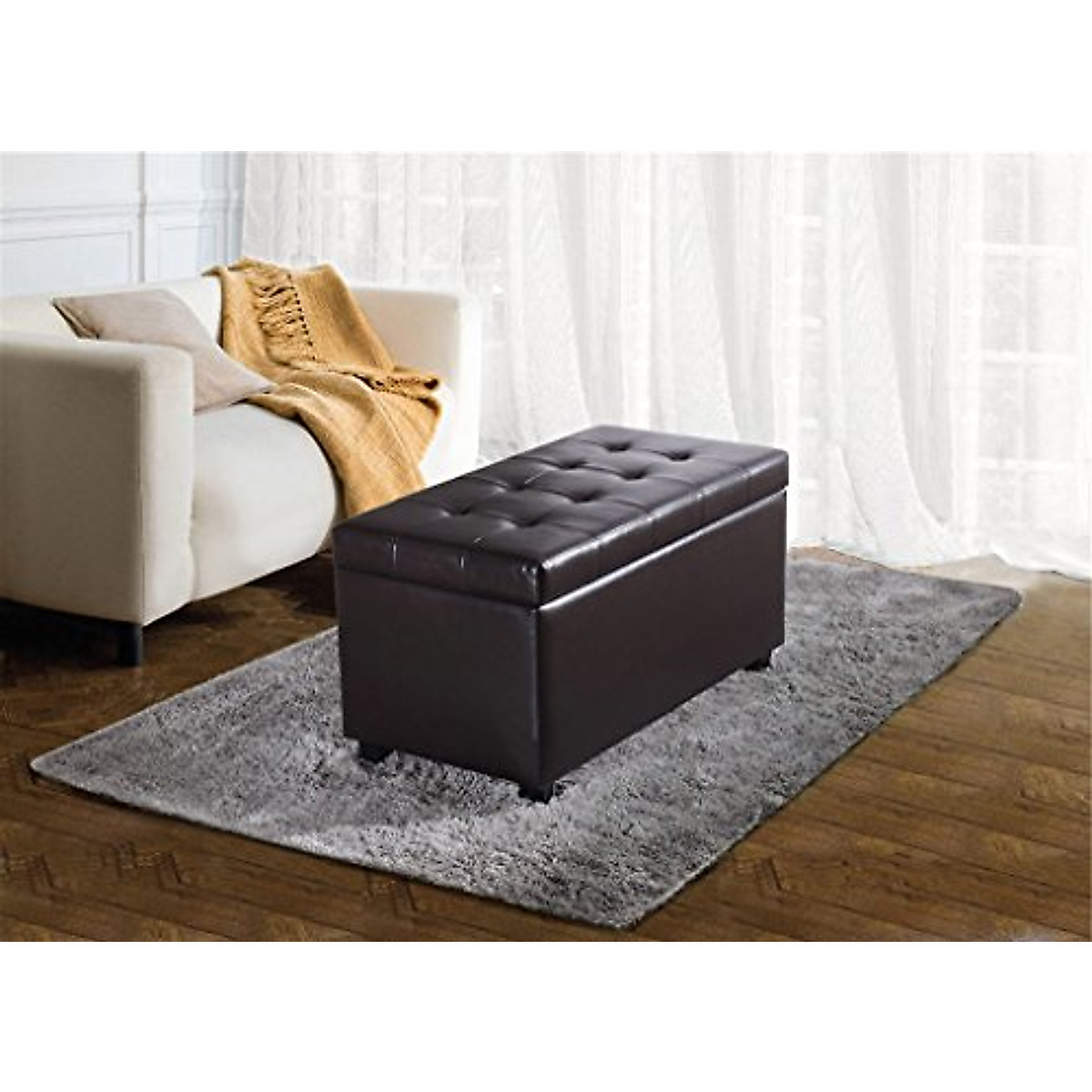 SIMPLIHOME Cosmopolitan 34 inch Wide Rectangle Lift Top Storage Ottoman in Upholstered Tanners Brown Tufted Faux Leather, Footrest Stool, Coffee Table for the Living Room, Bedroom and Kids Room