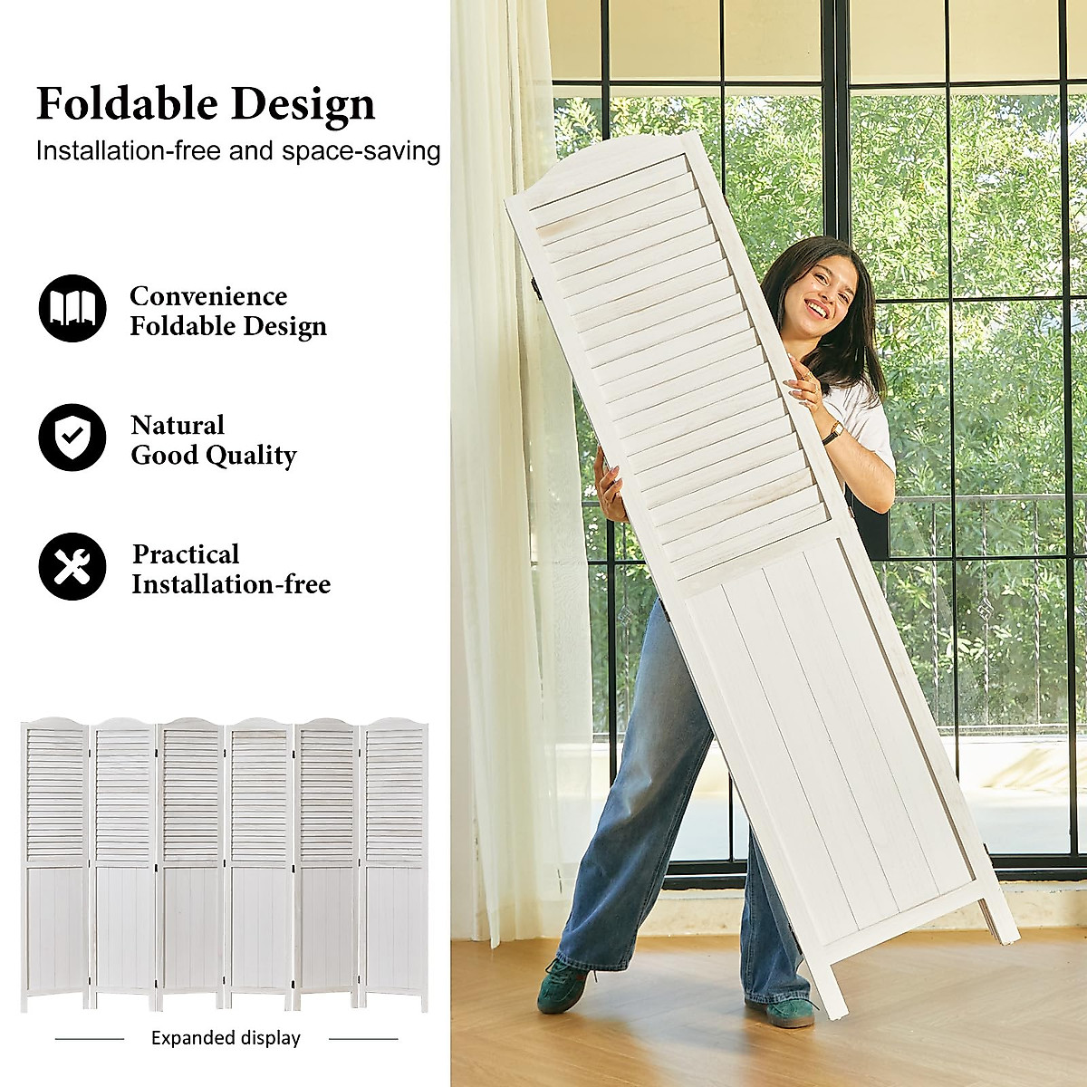 Room Dividers, 5.75Ft Individual Privacy Screens Foldable Wooden Louver & MDF Stable Wall Divider for Home Office Bedroom, 6 Panels (White-Washed)