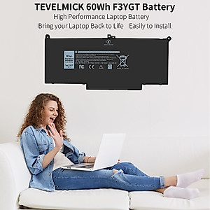 60Wh F3YGT Laptop Battery Replacement for Dell Latitude 7480 7280 7490 E7480 E7280 E7490 7380 7390 7290 E7390 E7290 E7380 12 13 14 7000, DM3WC F3YGT-1 KG7VF 2X39G V4940 451-BBYE 453-BBCF 0DM3WC 0F3YGT