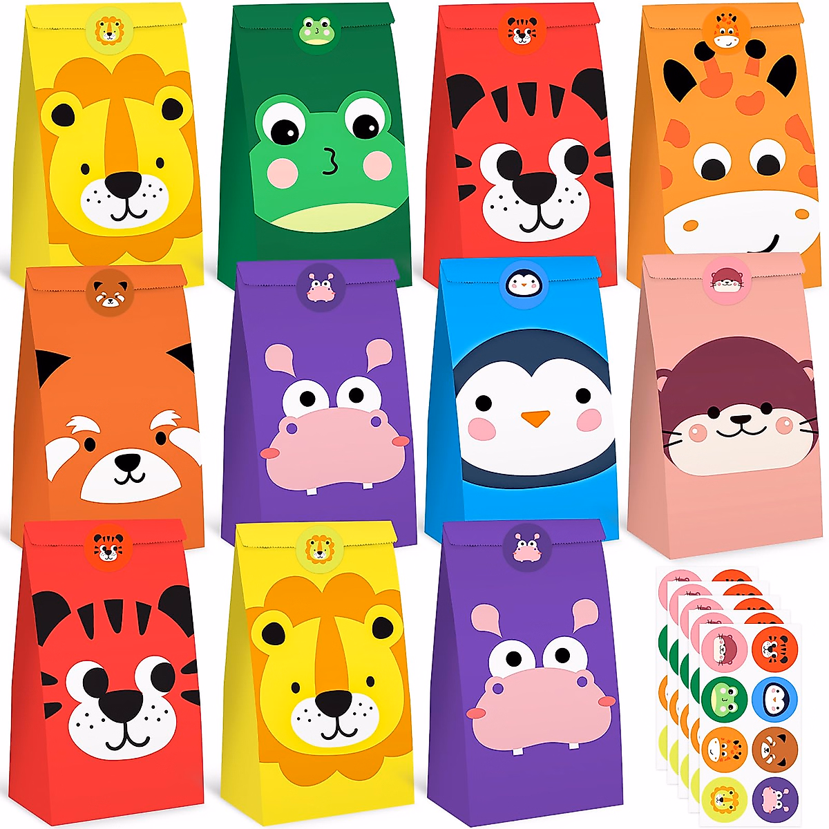 VGOODALL 36PCS Party Favor Bags, Animal Goodie Bags Paper Gift Bags with Stickers Treat Bags Return Gift Bags for Kids Birthday Party Supplies 4.7" x 3.1" x 8.7"