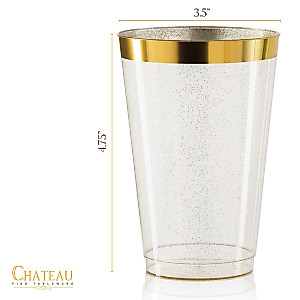 100 Gold Plastic Cups 14 Oz Gold Glitter with a Gold Rim - Premium Disposable Party Cups - Elegant and Classy Sturdy Cups - Weddings Birthdays Anniversaries and Other Social Events