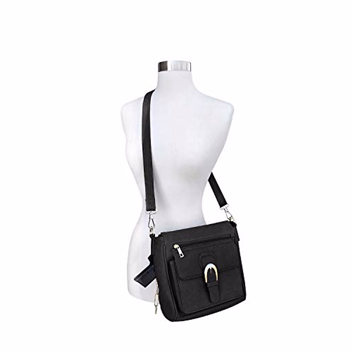 Roma Leathers Concealed Carry Cross Body Handbag - Premium Black Vegan Leather - Adjustable, Detachable, and Wire Reinforced Shoulder Strap - Front Buckle Closure - Dual Gun Entry - Designed in U.S.A