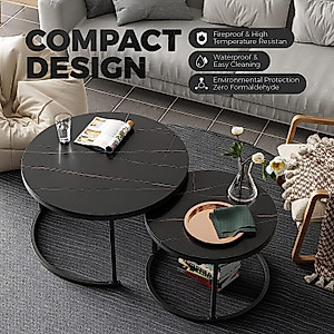 Nesting Coffee Table, Striped Black Modern Round Coffee Table Set of 2 for Living Room,Office,Balcony, Sintered Stone Coffee Table with Metal Frame
