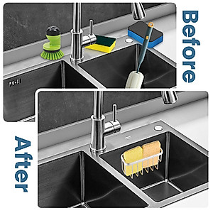 ONTOTY Sponge Holder for Kitchen Sink,Sponge Holder,Aluminum Sponge Holder for Kitchen Sink Suction,Sink Caddy,Kitchen Sink Organizer with Suction Cups & Adhesives Hooks for Kitchen,Bathroom(Silvery)