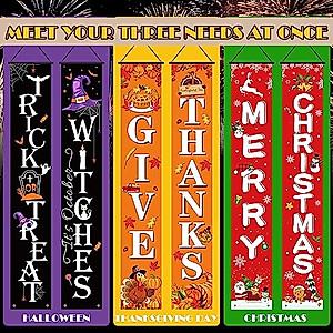 Preboun 3 Pairs Halloween Thanksgiving Christmas Porch Signs Banners Hanging Front Porch Door Decorations for Outside Yard Garland Party Supplies