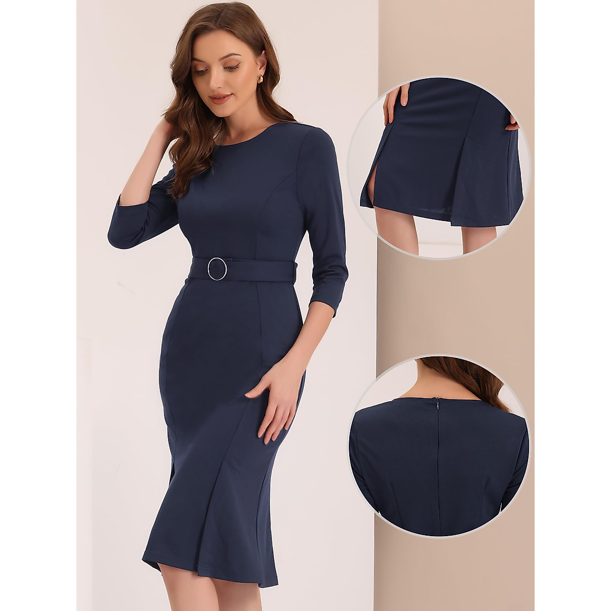 Allegra K Elegant Sheath Dress for Women's Casual Work Belt Sllit Hem Fishtail Dresses Small Dark Blue