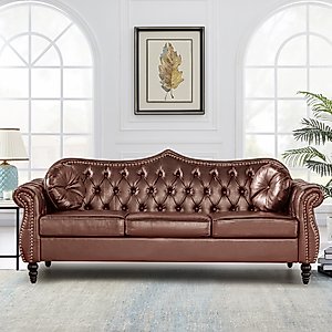 AVZEAR 82" Three Seater Sofa, Chesterfield Sofa, Mid-Century Modern PU Upholstered Sofa, Deep Button Tufted Living Room Sofa with Two Throw Pillows, Brown