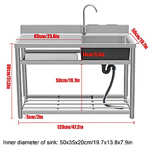 Commercial Restaurant Sink Utility Sink Stainless Steel Free-standing Kitchen Sink Set Single Bowl w/ Faucet & Drainboard for Laundry Garage Camping 120x50x80cm/47.2x19.7x31.5in Left