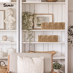 Sunlit Natural Fibre Farmhouse Storage Baskets, Hand Woven Bathroom Storage Boxes, Boho Toilet Paper Tank Basket, Decorative Storage Bins for Countertop, Bathroom Organizer Set of 2, Wavy, Natural