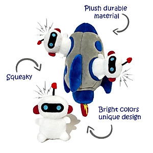 MODERN WAVE - Interactive Squeaky Plush Hide and Seek Squirrel Type Puzzle Toy for Dogs, Small Size (Rocketship and Robots)