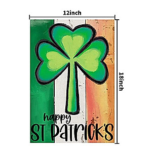 Happy St Patricks Day Garden Flags 12x18 Inch Double Sided Burlap, Green Shamrock Lucky Sign Farmhouse Small Yard Outdoor Decorations DF195