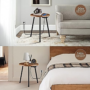 KINNARY End Table with Charging Station, Round Side Table with USB Port & Outlet, Adjustable Height Metal Leg, Small Nightstand Table for Living Room Bedroom, 12.8''D x 20''H, Walnut Wood