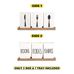 CHONIC Farmhouse Silverware Holder, Rustic Wood Silverware Caddy with Tray, Spoon Fork Knives Flatware Dispenser, Utensil Countertop Organizer, Plastic Cutlery Holder for Kitchen Party (White)