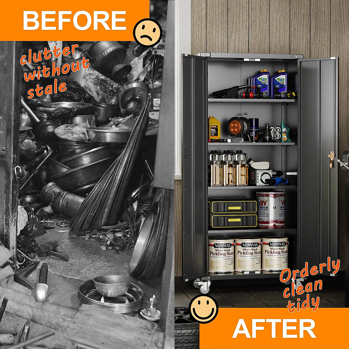 Aobabo Metal Garage Storage Cabinet on Wheels, Double Handle Lock Steel Storage Cabinet with 2 Doors, 4 Shelves Adjustable Black, Assembly Required