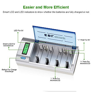 EBL Smart Battery Charger for C D AA AAA 9V Ni-MH Ni-CD Rechargeable Batteries with Discharge Function & LCD Display