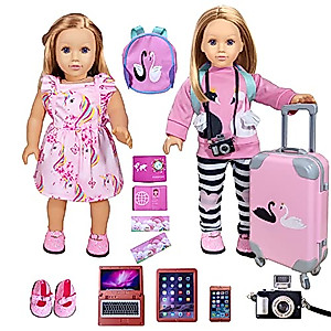 18 Inch Girl Doll Travel Suitcase Play Set Doll Clothes - Accessories Including Luggage Cute Backpack 2 Sets of Doll-Clothes- Shoes Camera Computer Phone Tablet Passport ARTST