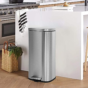 Kitchen Trash Can Brushed Stainless Steel 8 Gallon/30L Step Garbage Can Small & Tall Waste Basket with Lid & Plastic Inner Bucket Metal Pedal Recycle Rubbish Bin for Kitchen, Bathroom, Bedroom, Office