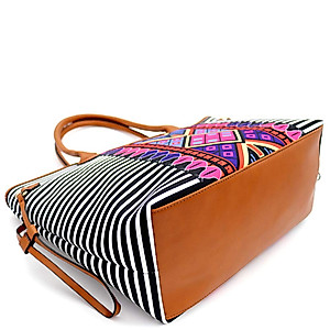 Boho Tassel Leaf Charm Aztec & Stripe Print Canvas Satchel Tote Handbag Purse (Extra Large 3 in 1 Tote - Turquoise/Beige Pattern)