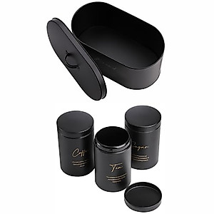 Hacaroa Set of 4 Bread Box and Canister Set for Kitchen Countertop, Metal Bread Bin Sugar Tea Coffee Storage Canister with Lid, Biscuit Tin Set for Loaf, Pastry, Dry Food, Black