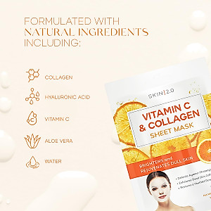 Skin 2.0 Vitamin C and Collagen Sheet Face Mask - Dermatologist Tested - Prevents Sun Damage, Reduces Acne Scars & Wrinkles, Brightening Sheet Mask - Korean Skin Care - All Skin Types - 5 Masks